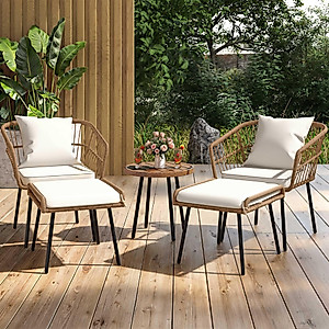 DWVO Patio Furniture Set, 5 Pieces Wicker Outdoor Patio Bistro Set with Ottomans Footrest and Side Table for Porch Balcony Yard Garden Backyard Poolside, Beige