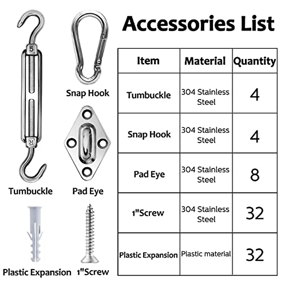 Kawoco 80PCS Sun Shade Hardware Kit, Heavy Duty Anti-Rust Rectangular/Square/Triangle Shade Sails Installation for Sun Shades Outdoor Patio Lawn and Garden