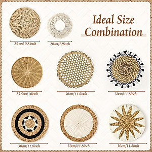 Set of 8 Wall Basket Decor Boho Wall Hanging Decor Rattan Wall Decor Flat Round Wicker Woven Macrame Tassels Tapestry Bamboo Wall Basket Serving Tray Art Handmade Set for Room Bedroom Living Room