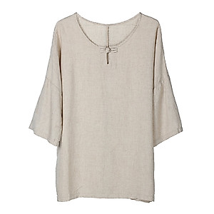 Minibee Women's Elbow Sleeve Linen Tunic Tops Solid Color Retro Blouse Linen L