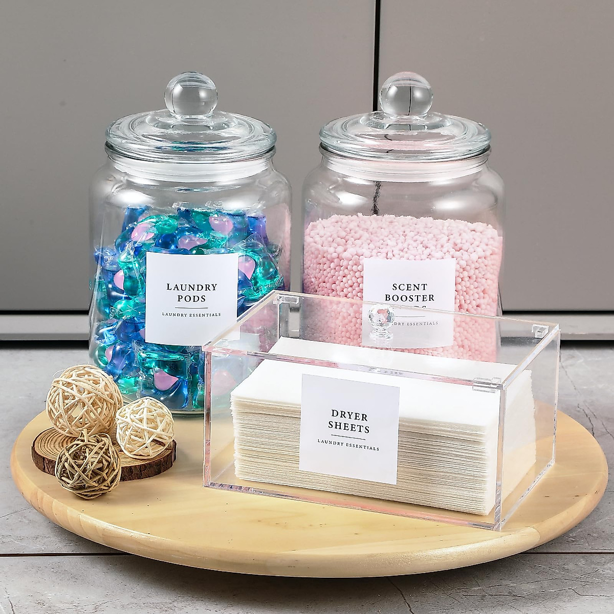Glass Jars and Dryer Sheet Holder, Dispenser Set with Lids and Labels, Containers for Laundry Room Organization and Storage, Half Gallon Airtight Glass jars, Acrylic Storage Box for Laundry supplies,
