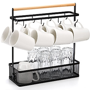 Hiceeden Coffee Mug Holder with Wire Storage Basket, Large Mug Tree Mug Racks, Coffee Tea Cup Mug Stand Organizer for Kitchen Countertop, Holds 8 Cups (Metal, Black)