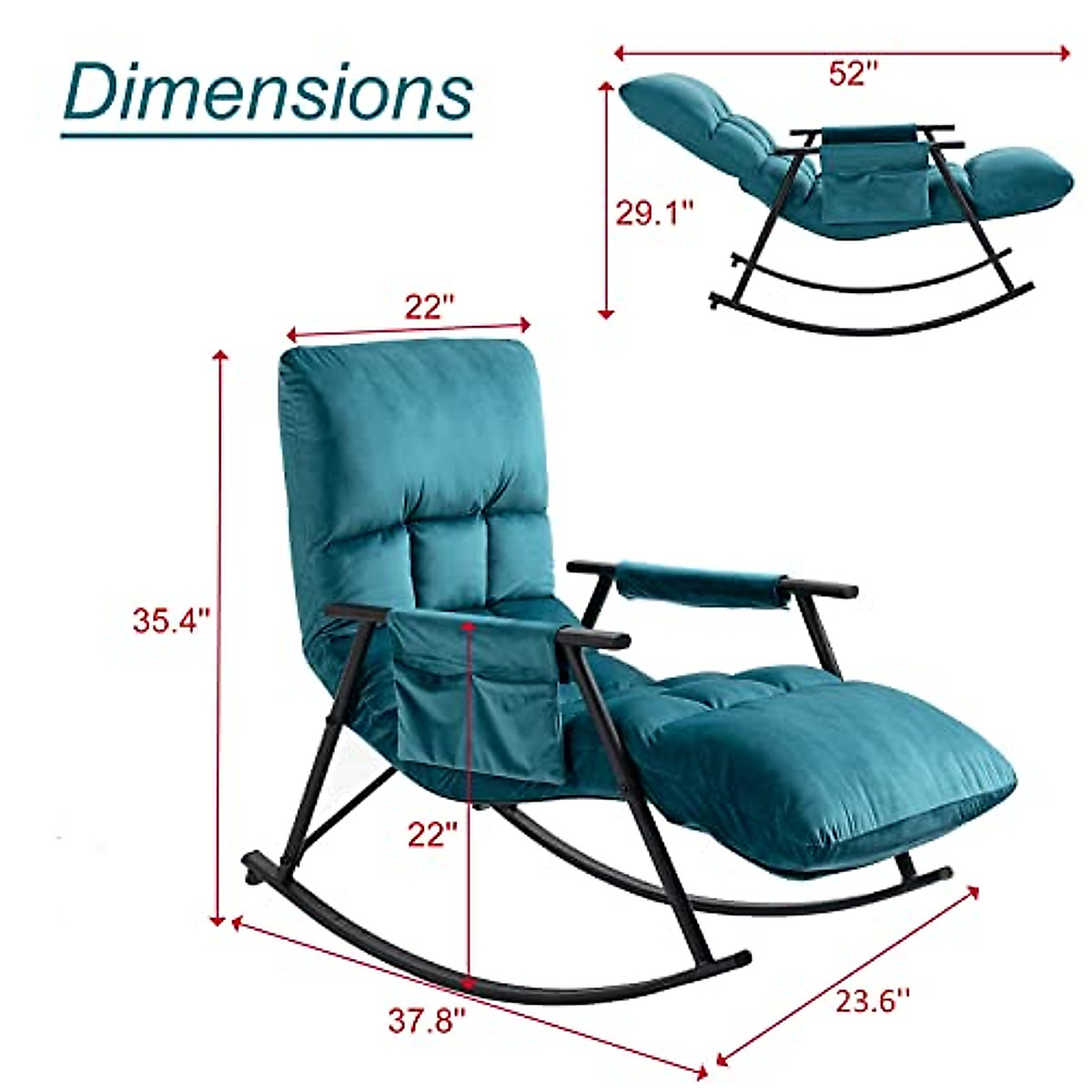 ZJhome Velvet Accent Folding Rocking Recliner Chair Nursery with Side Pocket Adjustable High Back & Foot Rest, Comfortable Upholstered Nursing Glider Rocker Armchair for Living Room, Bedroom(Teal)