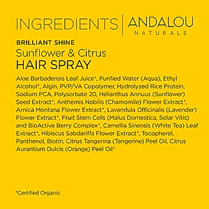 Andalou Naturals Brilliant Shine Hair Spray, Sunflower & Citrus, Styling and Hair Shine Spray with Medium hold, Tames Frizzy Hair & Flyaways, Quick Drying & Non-Sticky, Cruelty Free, 8.2 Fl Oz