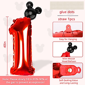 Cadeya Mouse Number 1 Birthday Balloons, 40”Black Red Aluminum Foil Balloons for Mouse Clubhouse 1st Birthday Party, Kids Theme Party Decoration Supplies