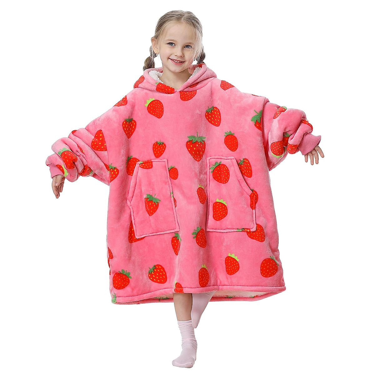 Aemicion Strawberry Blanket Hoodie Gifts for Kids,Oversize Sherpa Wearable Blanket,Cozy Sweatshirt Blanket for Girls