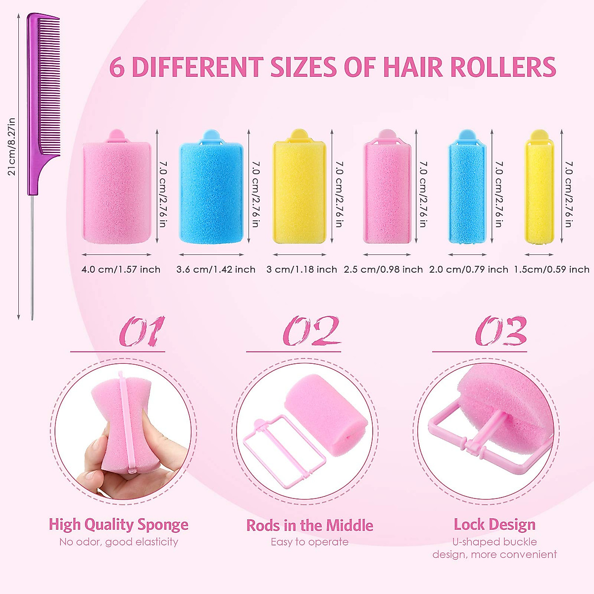 Syhood 56 Pcs Foam Sponge Hair Rollers Soft Sleeping Curler 6 Sizes Flexible Hairdressing Sponge Curler Rat Tail Comb for Hair Styling(Mixed Color)