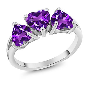 Gem Stone King 925 Sterling Silver Purple Amethyst 3-Stone Engagement Ring For Women (1.95 Cttw, Gemstone Birthstone, Heart Shape 6MM, Available 5,6,7,8,9) (Size 7)
