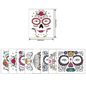 Day of the Dead Face Tattoos, 8 Sheets Sugar Skull Temporary Face Tattoos Stickers for Halloween Party Makeup