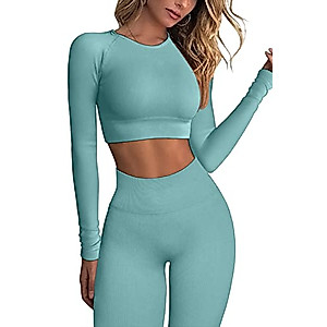 QINSEN Women's Winter Yoga Leggings 2 Piece Outfit Ribbed Seamless Long Sleeve Crop Top Sport Shirt Sets Tracksuit Blue M