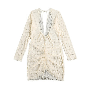 Verdusa Women's Drawstring Deep V Neck Long Sleeve Beach Swimsuit Cover Up Dress Beige XL