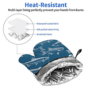 Ocean Fishes Print Oven Mitts Sets,Kitchen Oven Glove High Heat Resistant 500 Degree Oven Mitts and Pot Holder,Surface Safe for Baking, Cooking, BBQ,Pack of 2
