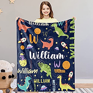 Personalized Dinosaur Throw Blanket for Boys Custom Name Soft Flannel Blanket for Kids Dino Outspace Plush Navy Blue Blanket Gift Birthday Christmas Baby Toddlers Nursery Room Decor, 40 x 50inch