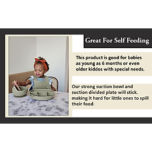 Oliver & Sage Baby, Toddler Silicone Feeding Set, Tableware Set | BPA Free | Suction Bowl Suction Plate | Adjustable Bib | Wooden Spoon/Fork Utensils | Waterproof | Easy Clean|5 Piece (Dusty Blue)