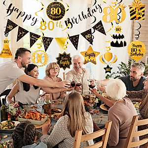 FASOTY 80th Birthday Decorations Black Gold 80th Birthday Decorations For Men Women Pre-assembled Happy 80th Birthday Banner Triangle Flag Glitter Hanging Swirls for 80th Birthday Party Birthday Party Decorations Supplies