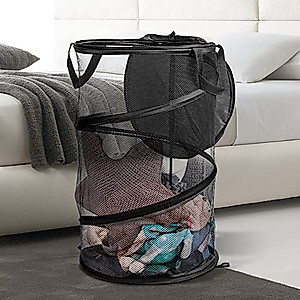 Mesh Collapsible Laundry Hamper with Lid, Large Clothing Storage Bucket with Handles,Dirty Clothes Storage Basket for The Kids Room, College Dorm or Travel (1PCS, Black)