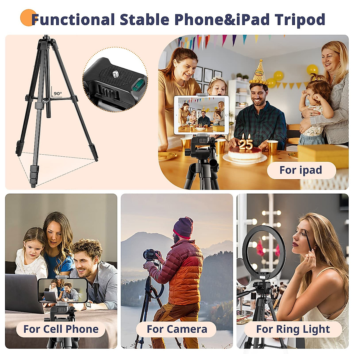 64” Phone&Tablet Tripod, Aureday Cell Phone Tripod for iPhone with Wireless Remote and Phone Holder Bundle with 14'' Selfie Ring Light with 62'' Tripod Stand and Phone Holder, Dimmable LED Phone Ringl