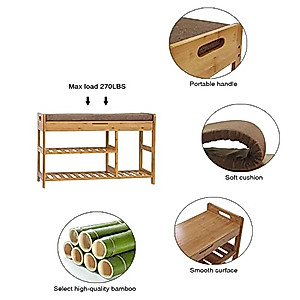C&AHOME Shoe Bench Bamboo, 3-Tier Shoe Organizer with Cushion, Shoe Rack Bench for Entryway, Max Load 270 LBS, Removable Seat Cushion Bench, Ideal for Entryway, Hallway, Living Room, Bedroom, Natural