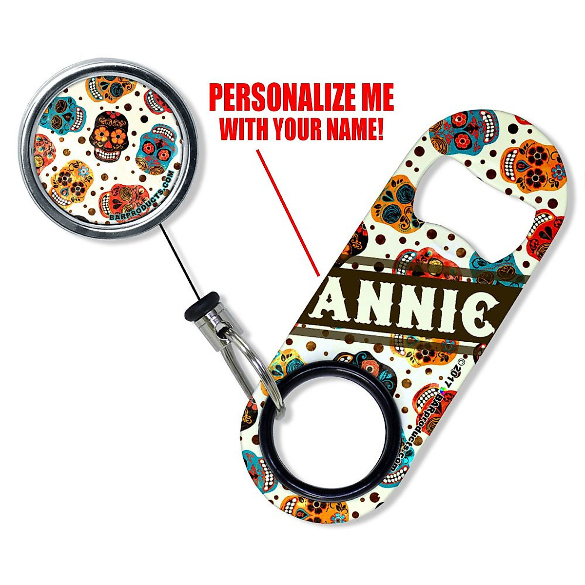 BarConic Mini Bottle Opener with Retractable Reel - Mexican Skulls