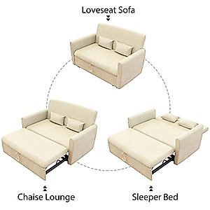 MIYZEAL 55'' Convertible Sleeper Sofa Bed, Velvet Loveseat Sofa with Pull-Out Bed, 2 Seater Couch Bed with Adjustable Backrest, Pull Out Lounge Chaise with 2 Pillows Office (Beige)