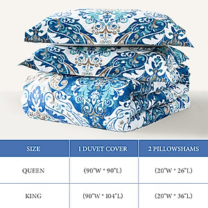 Uniclinens Damask Duvet Cover Queen - Blue Painting Duvet Cover Set, 100% Cotton Queen Size Set with Zipper Closure and 8 Ties, 1 Duvet Cover (90”x 90”) & 2 Pillow Shams (20“x 26”), No Comforter