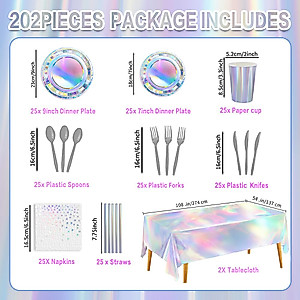 202Pcs Iridescent Party Plates Nanpkins Birthday Party Supplies Iridescent Paper Tableware Set witch Disposable Tablecloths for Mermaid Birthday Wedding Party Decorations Serve 25