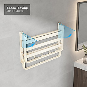 VOLDRA Towel Racks for Bathroom, 24-Inch Towel Shelf with 2 Towel Bar Foldable Towel Holder with 7 Hooks Towel Storage Organizer for Bathroom & Lavatory Wall Mounted(Milky White)