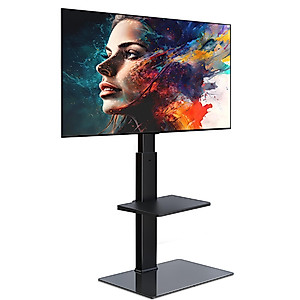 FITUEYES Swivel Floor TV Stand with Mount for TVs 37 43 50 55 60 65 70 75 Inch LCD LED Flat/Curved Screens Universal Swivel Televisions TV Mount Stand for Bedroom Living Room Black Tempered Glass Base