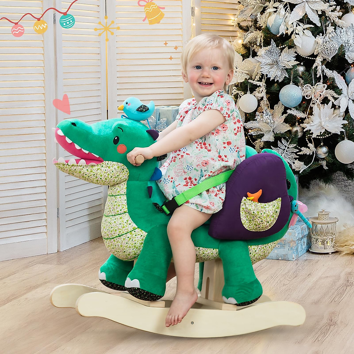 labebe Child Rocking Horse Toy, Stuffed Animal Rocker, Green Crocodile Plush Rocker Toy for Kid 6 Month -3 Years, Wooden Rocking Horse Chair/Rocker/Animal Ride on