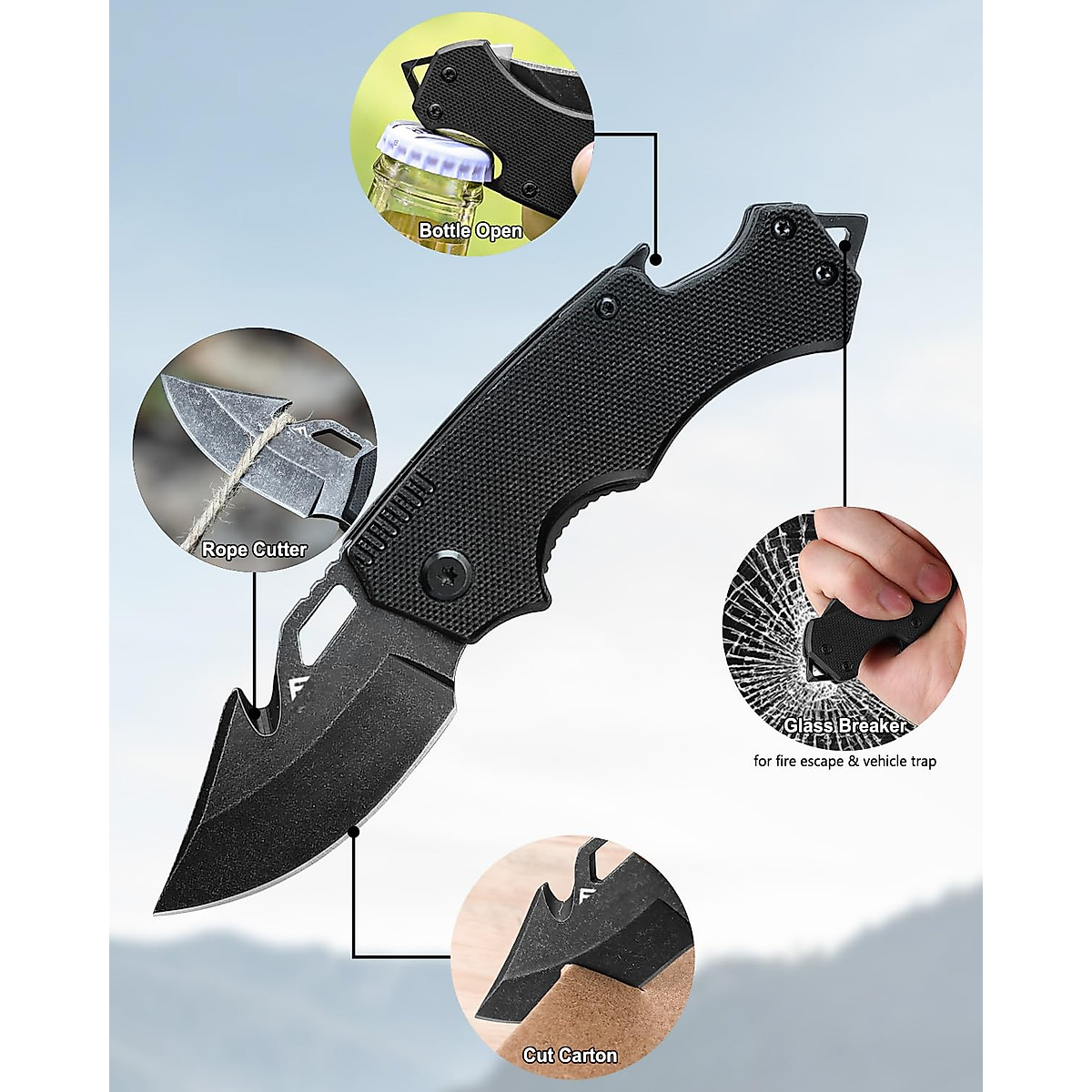 FLISSA Mini Folding Pocket Knife, 2.5-Inch Stainless Steel Drop Point Blade, EDC Pocket Knives for Men with Bottle Opener and Glass Breaker (Black)