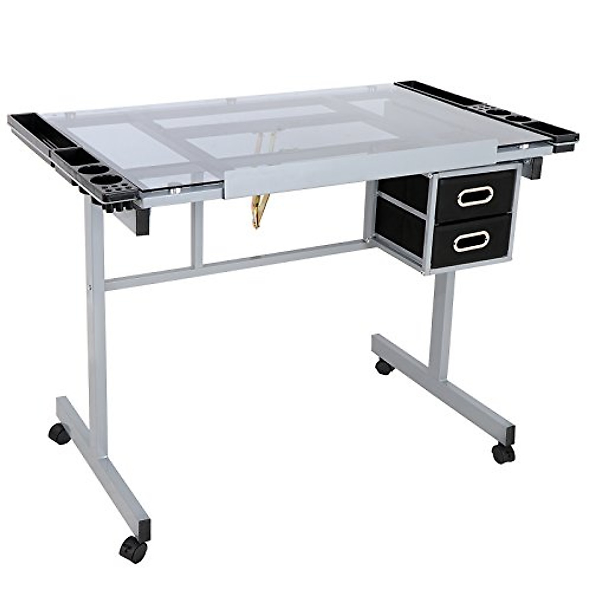 ZenStyle Glass Top Drafting Table with Storage, Adjustable Multifunctional Drafting Drawing Table Desk Tempered Glass Top Art Craft w/Drawers, Castors
