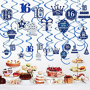 36pcs 16th Birthday Decorations Hanging Swirls Party Supplies for Boys, Silver Blue 16 Year Old Birthday Hanging Decor, Happy Sixteen Birthday Foil Ceiling Swirl Sign Décor