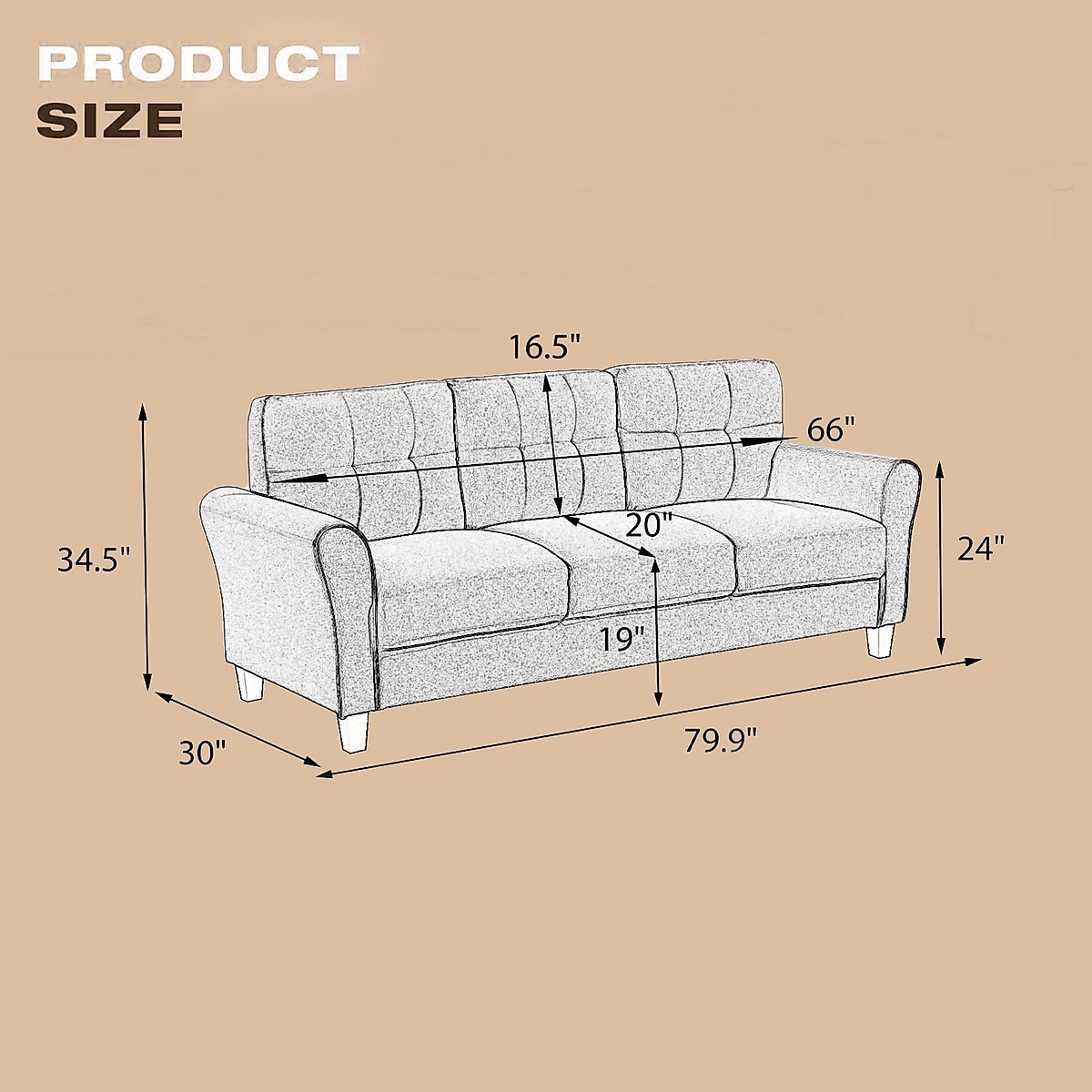 Harper & Bright Designs 79.9" Modern Style Button Tufted Linen Upholstered 3-seat Sofa, Three Seat Sofa Couch, Living Room Sofa for Home or Office, Light Gray