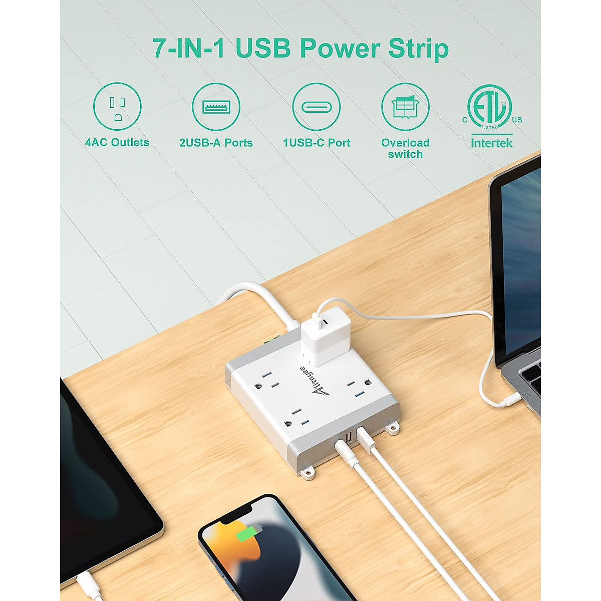 Alitayee Mountable Surge Protector Power Strip, Wall Mount Power Strip with 4 Outlets and 3 USB, Flat Plug, Shutter Safety and Circuit Breaker Switch, 6 Ft Extension Cord for College Home Office Dorm