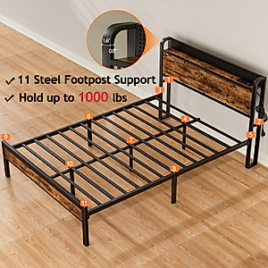 Furnulem Full Bed Frame with LED Lights,Industrial Storage Headboard with Charging Station,USB Port,Under Bed Storage,Wood Platform with Strong Metal Support,No Box Spring Needed, Silent