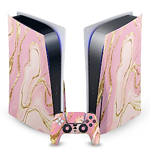 Head Case Designs Pink and Gold Marble Vinyl Faceplate Sticker Gaming Skin Decal Cover Compatible with Sony PlayStation 5 PS5 Disc Edition Console & DualSense Controller
