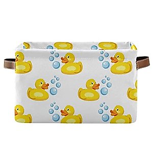 Rectangular Storage Basket Storage Bin - Yellow Rubber Ducks Collapsible Storage Box with Leather Handles Canvas Nursery Boxes Organizer for Shelves/Gift Baskets/Toy Organizer/Baby Room Decor