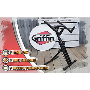 Guitar Combo Amplifier Stand by GRIFFIN | PA Speaker Karaoke Monitor Holder | Low Profile Pro-Audio Amp Tilt Back Mount Stand | Adjustable Speaker Cabinet Stage Equipment Platform Riser & Studio Chair