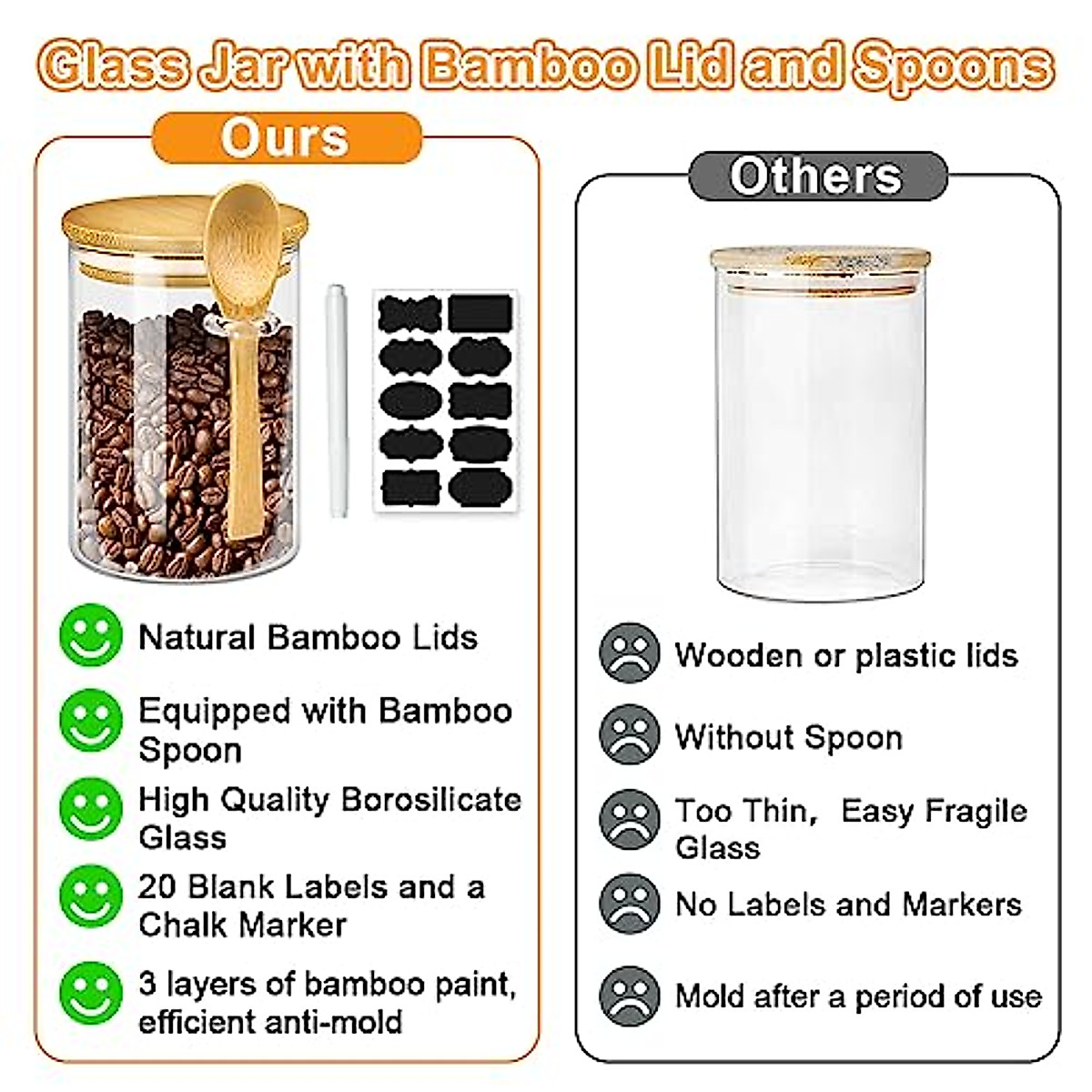 Yomarket 4 Pack Airtight Glass Jars with Bamboo Lid and Spoons 17 Oz Food Storage Container with Labels, Overnight Oats Containers with Lids for Flour, Sugar, Tea, Cookies, Candy, Cereal, Coffee