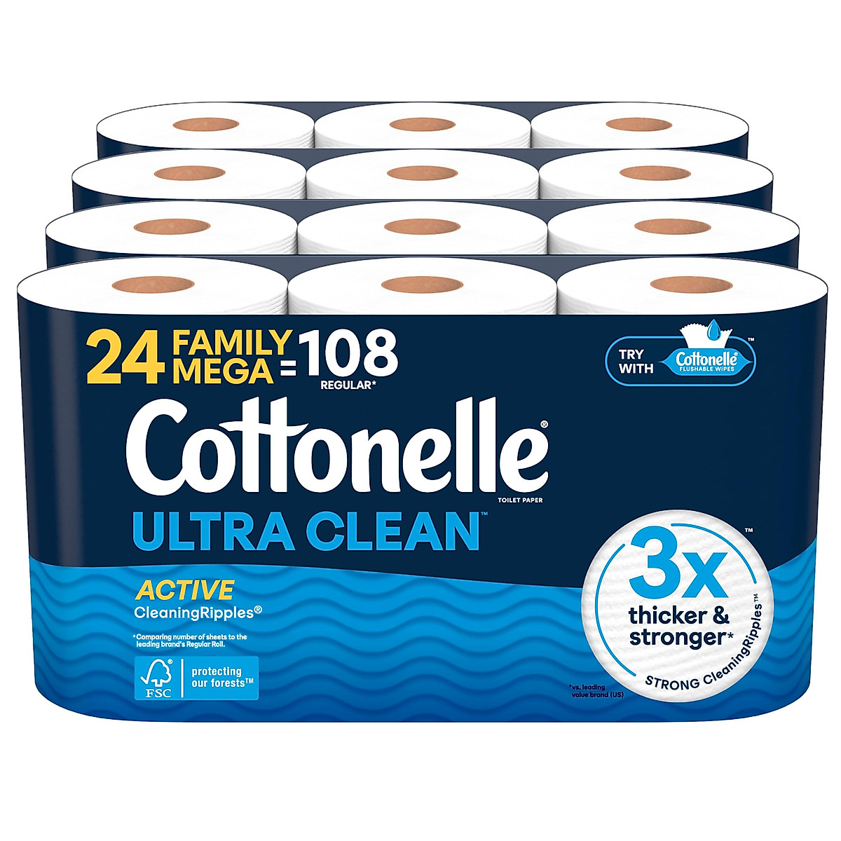 Cottonelle Ultra Clean Toilet Paper with Active CleaningRipples Texture, Strong Bath Tissue, 24 Family Mega Rolls (24 Family Mega Rolls = 132 Regular Rolls) (4 Packs of 6), 353 Sheets per Roll