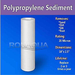 20 Micron Sediment Water Filter Cartridge 10"x 2.5", Four Layers of Filtration, Removes Sand, Dirt, Silt, Rust, Made from Polypropylene for any RO Units or Whole House Water Filtration Systems 6 Pack