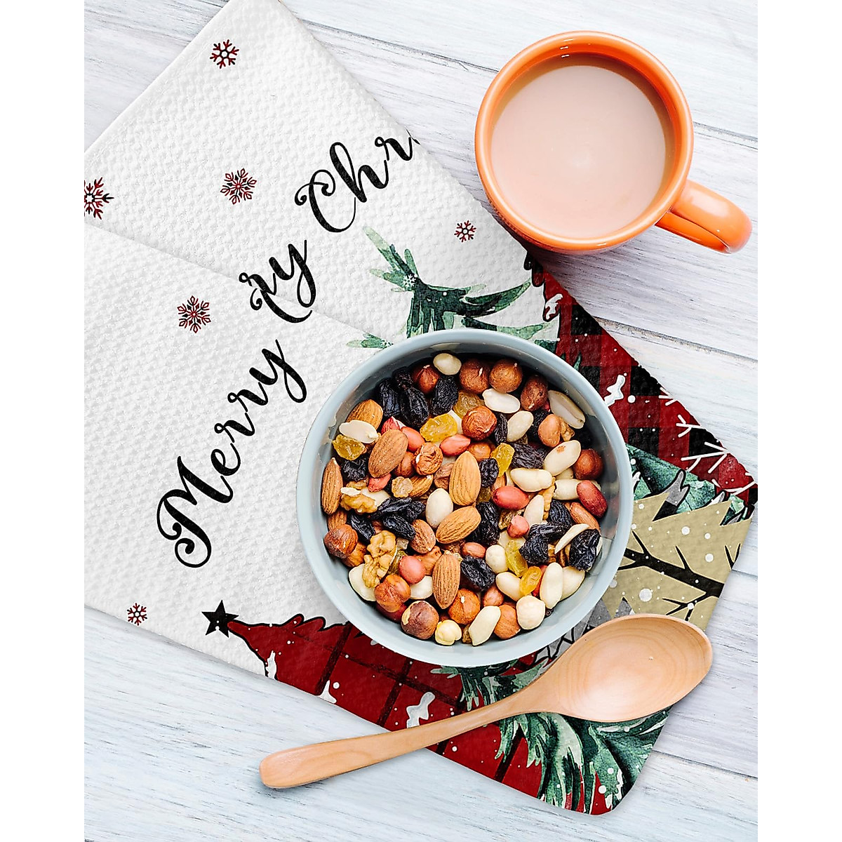 Hokiten Christmas Tree Waffle Kitchen Towels Dishcloths, Merry Christmas Xmas Tree Winter Snowflake Absorbent Dish Towels | Hand Towels for Bathroom/Bar, 12 x 12 Inch, 2 Pcs