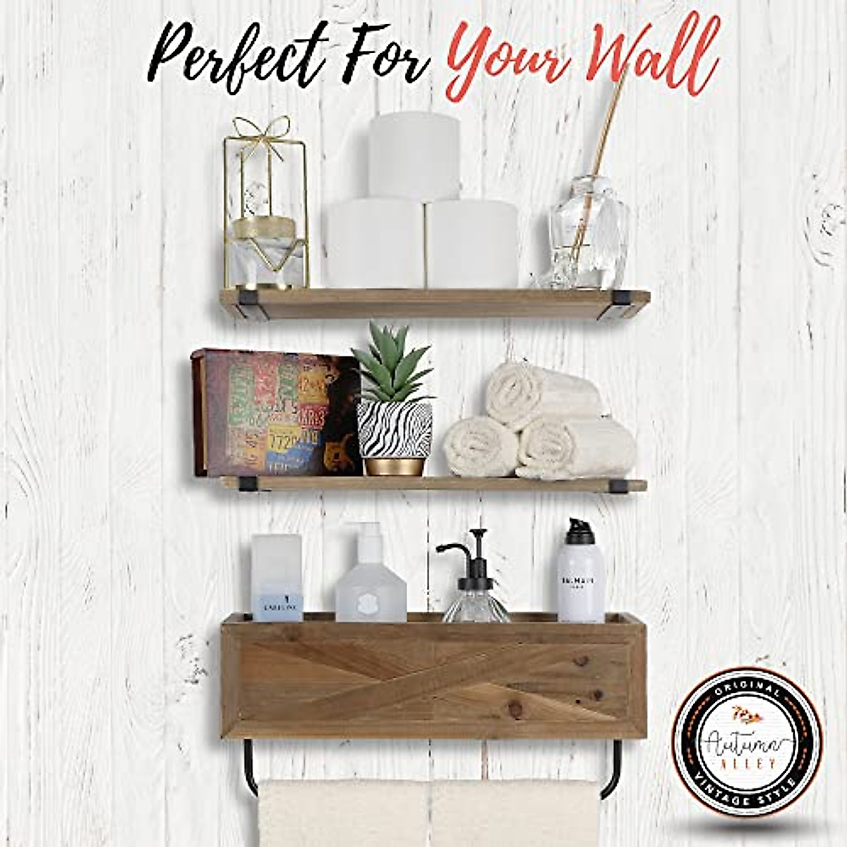 Autumn Alley Rustic Farmhouse Bathroom Shelves Wall Mounted – Industrial Floating Shelves for Bathroom with Towel Bar – Stunning Inlaid Wood Design, Above Toilet Shelves Rustic Towel Rack