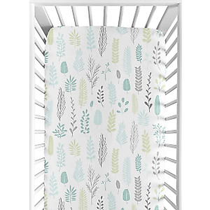Sweet Jojo Designs Blue and Grey Tropical Leaf Unisex Boy or Girl Baby or Toddler Nursery Fitted Crib Sheet - Turquoise, Gray and Green Botanical Rainforest Jungle Sloth Collection