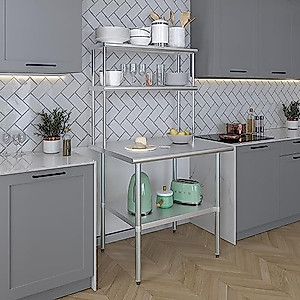 30" x 36" Stainless Steel Work Table with 12" Wide Double Tier Overshelf | Metal Kitchen Prep Table & Shelving Combo