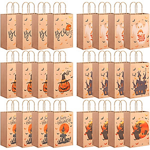Yexiya Halloween Treat Bags Kraft Paper Candy Gift Bags with Handles Goodies Bags for Halloween Party Favors Supplies Bulk (24)