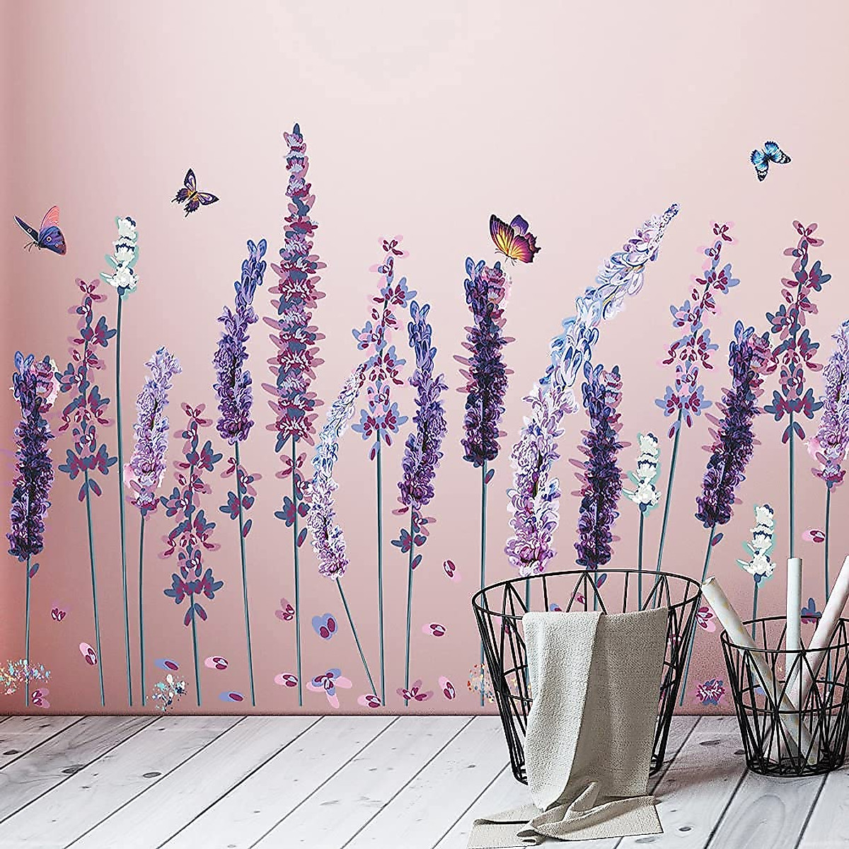 RW-1028 3D Flowers Wall Decals Purple Lavender Wall Stickers Flower Plant Butterfly Decoration DIY Removable Garden Lavender Floral Wall Art Decor for Kids Girls Bedroom Living Room Nursery Office