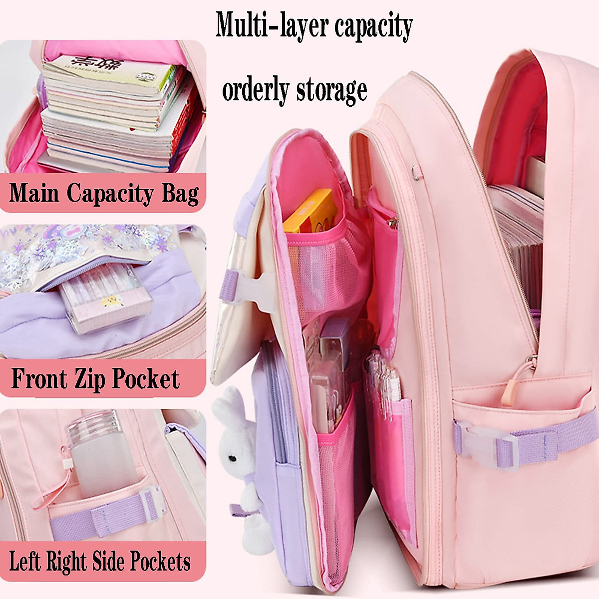 Stylifeo Bunny Backpack for Girls Cute Backpack Kawaii School Bookbag for Kindergarten Preschool Elementary(Pink for girl grades 1-3)