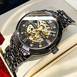 OLEVS Men’s Black Skeleton Watch Automatic Mechanical Self Winding Luxury Dress Stainless Steel Waterproof Luminous Wrist Watches