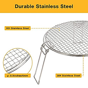 Lineslife Folding 13.4'' Round Campfire Grill Grate, Portable Stainless Steel Camp Fire Cooking Racks with Removable Net 3 Legs for Outdoor Camping Cooking Fire Pit, Silver
